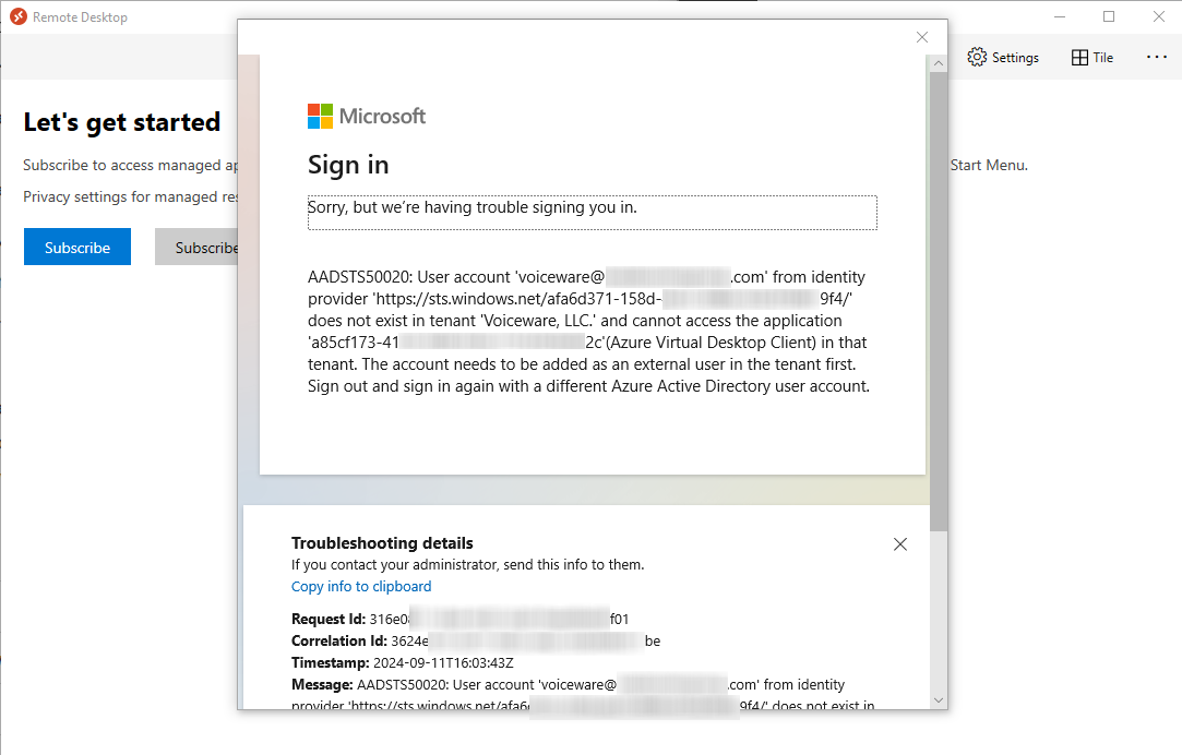 Error when trying to Subscribe to AVD Resouce using Remote Desktop ... Error when trying to Subscribe to AVD Resouce using Remote Desktop ...